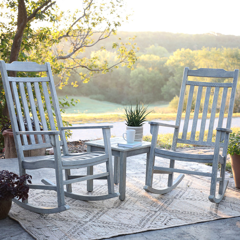 Outdoor Rocking Solid Wood Chair 3 Piece Set Weathered Grey
